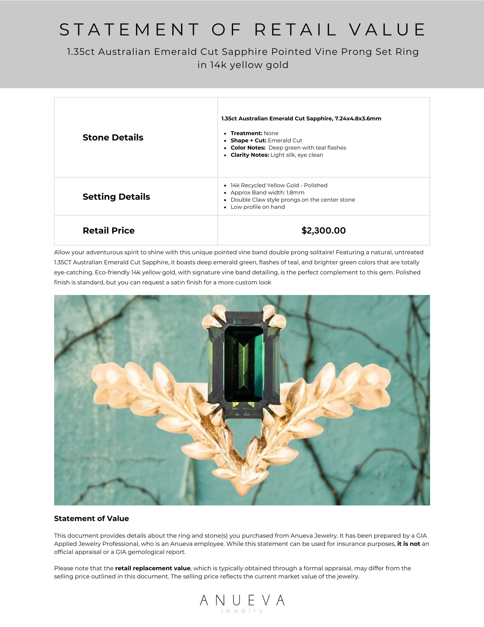 1.35ct Australian Emerald Cut Sapphire Pointed Vine Prong Set Ring in ...