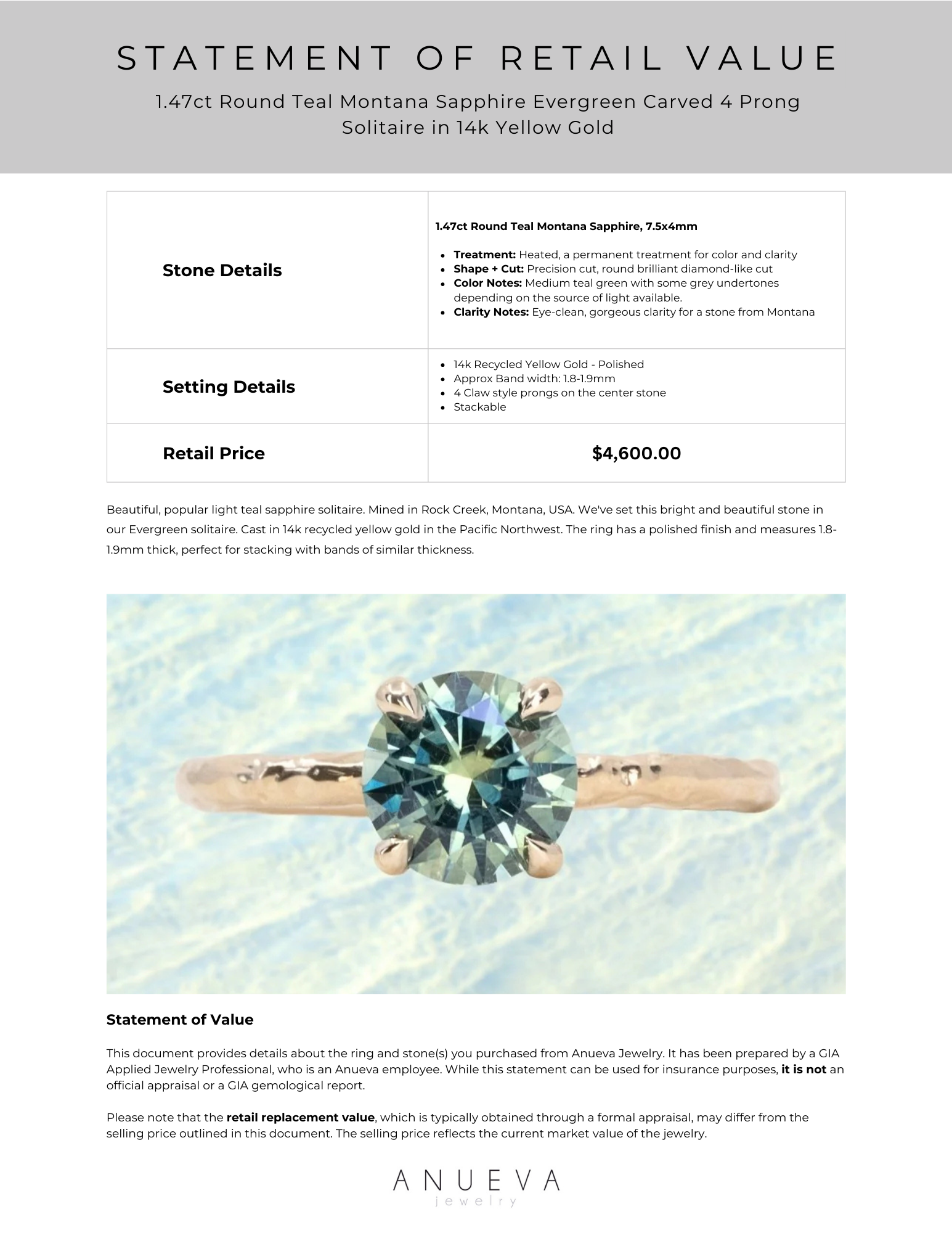 1.47ct Round Teal Montana Sapphire Evergreen Carved 4 Prong Solitaire – Anueva Jewelry