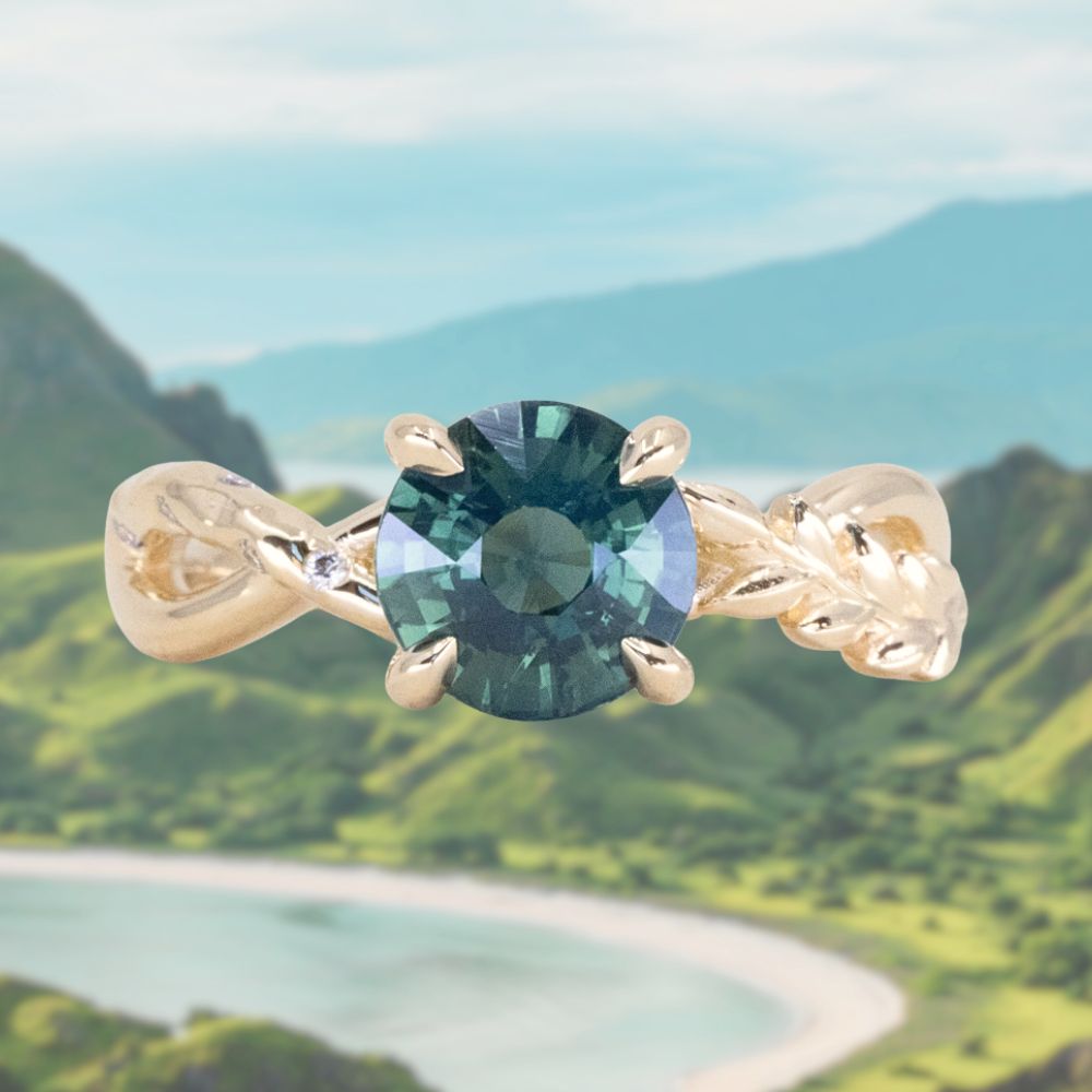 2.08ct Untreated Round Teal Sapphire Twisted Vine Split Shank Solitair ...