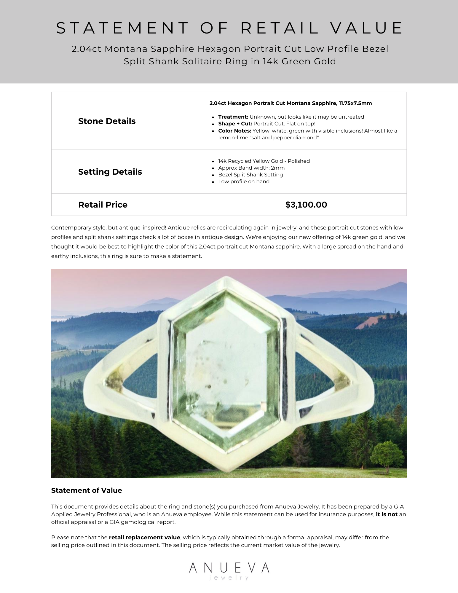 2.04ct Montana Sapphire Hexagon Portrait Cut Low Profile Bezel Split S ...