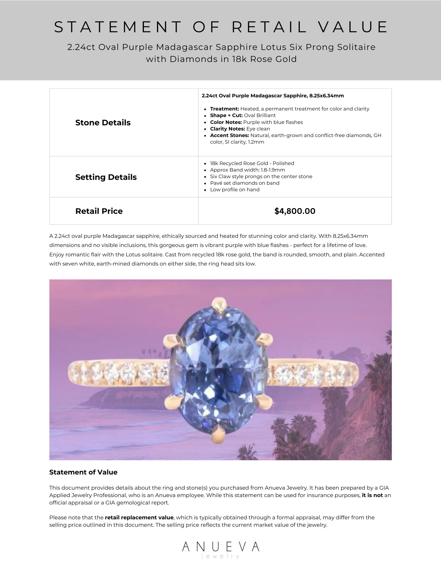 2.24ct Oval Purple Madagascar Sapphire Lotus Six Prong Solitaire with ...
