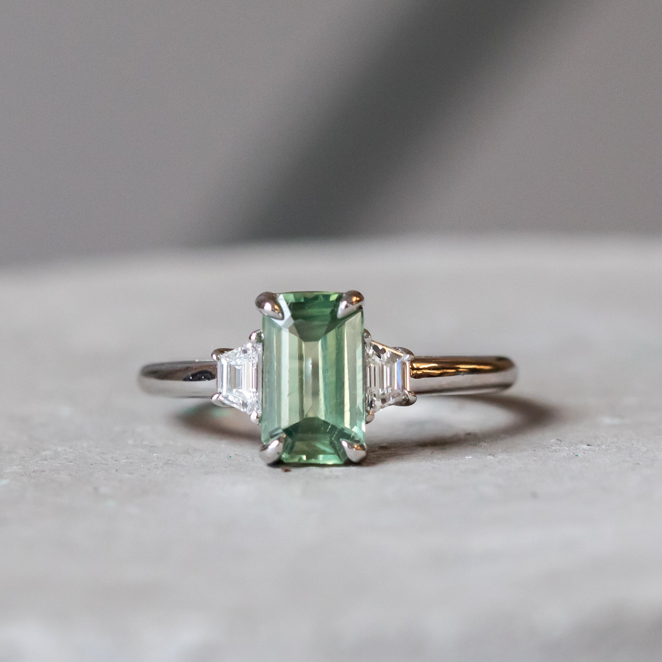 Three Stone Ring with Trapezoid Diamond Side Stones- Setting – Anueva ...