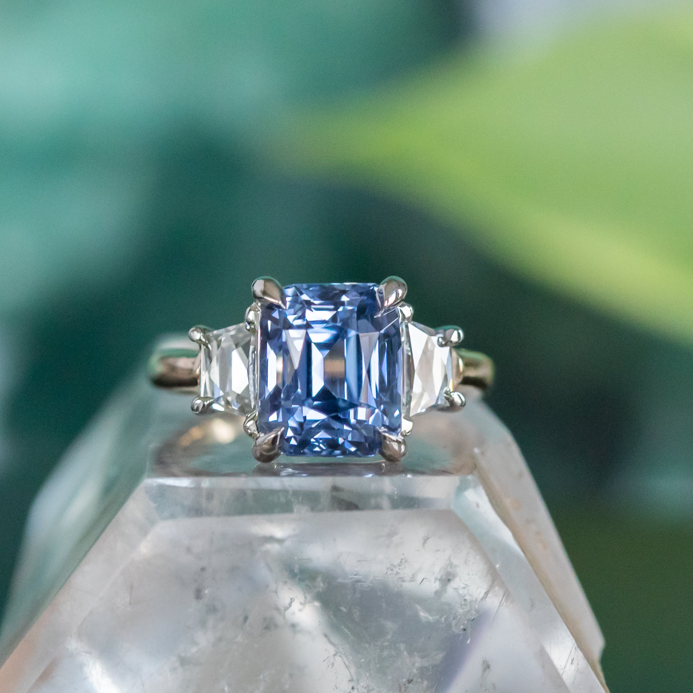 Three Stone Ring with Trapezoid Diamond Side Stones- Setting – Anueva ...