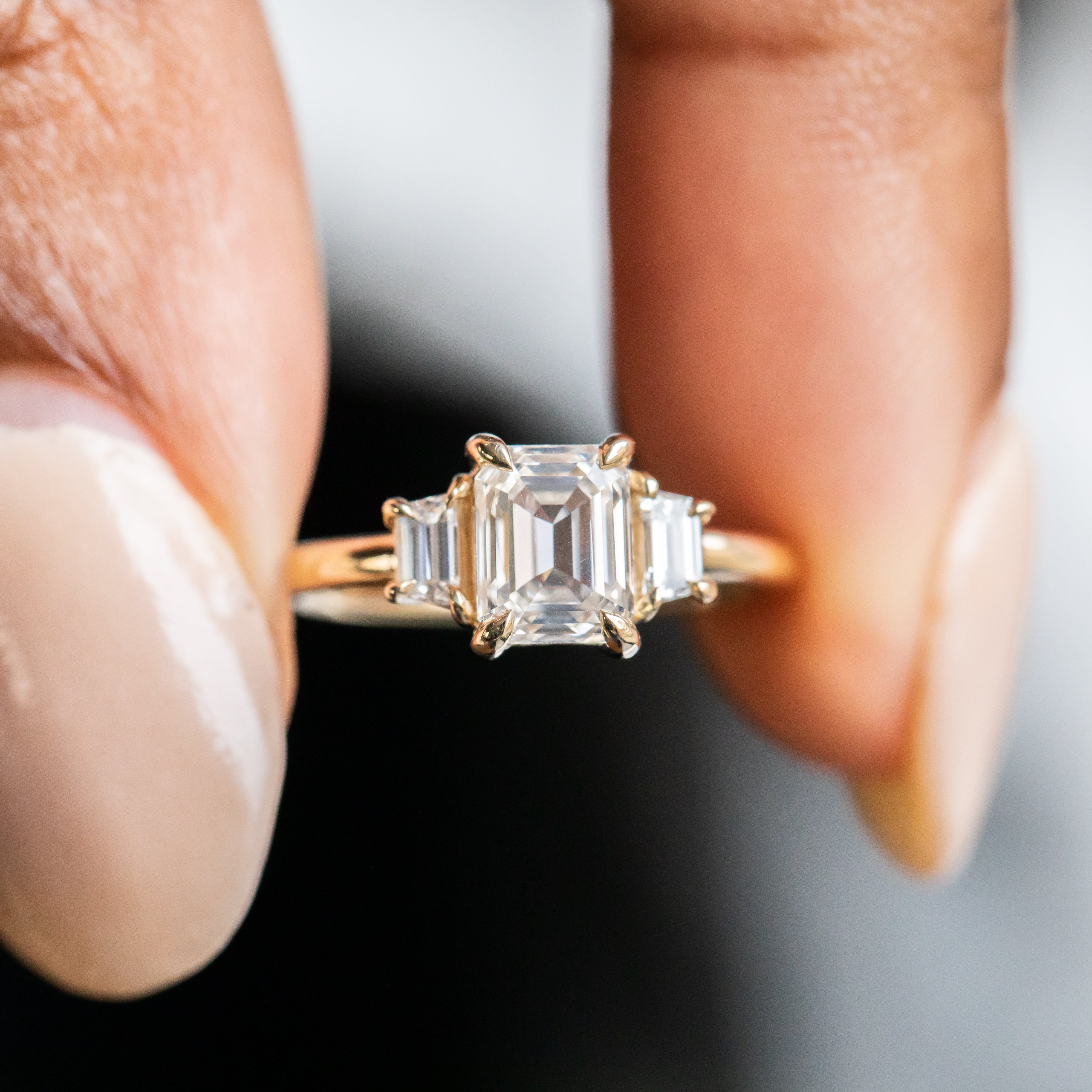 Three Stone Ring with Trapezoid Diamond Side Stones- Setting – Anueva ...