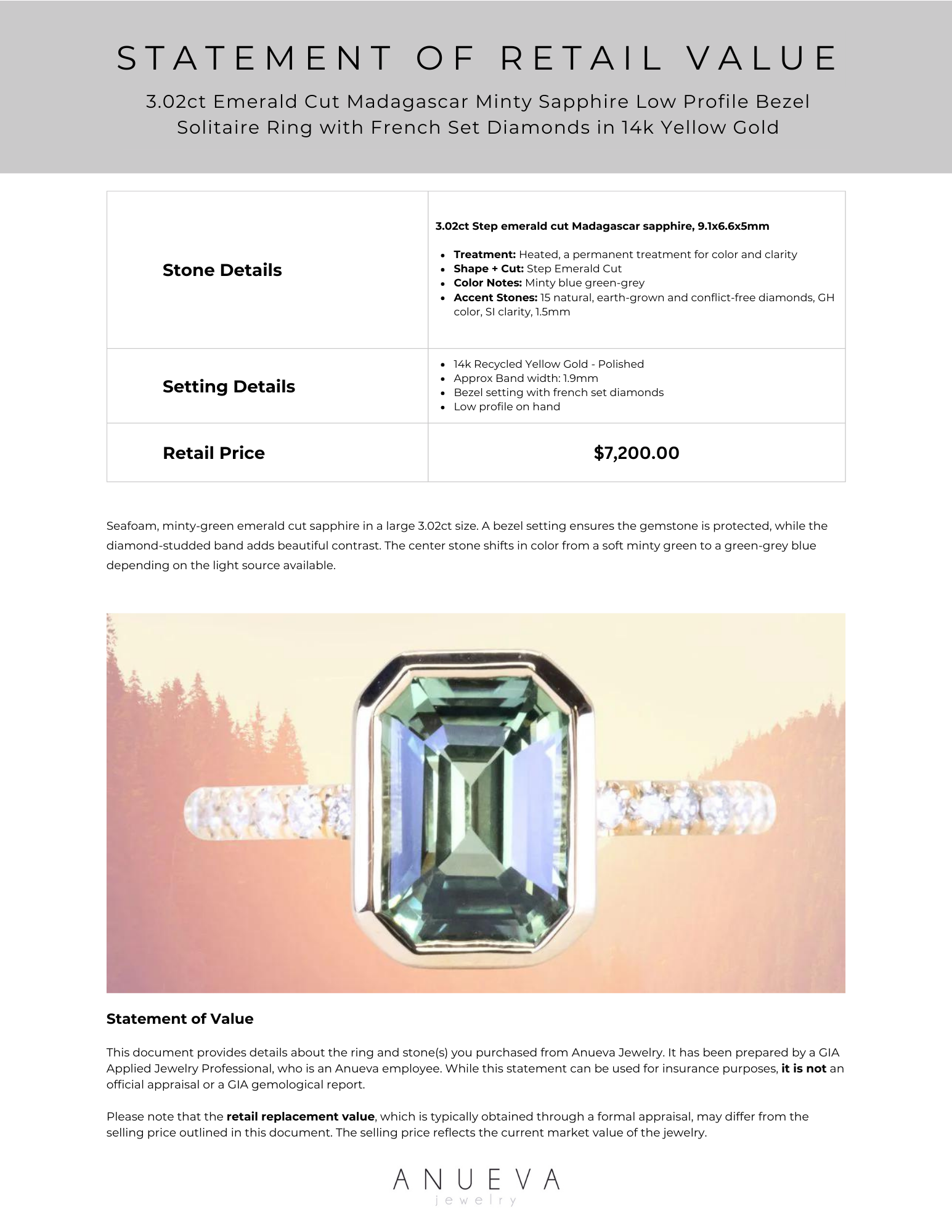 3.02ct Emerald Cut Madagascar Minty Sapphire Low Profile Bezel Solitai ...