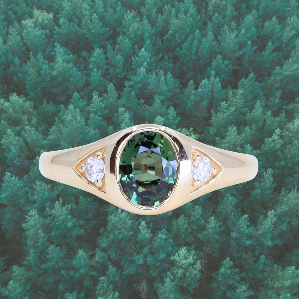 1.26ct Oval Green Untreated Montana Sapphire Signet Style Ring with Di ...