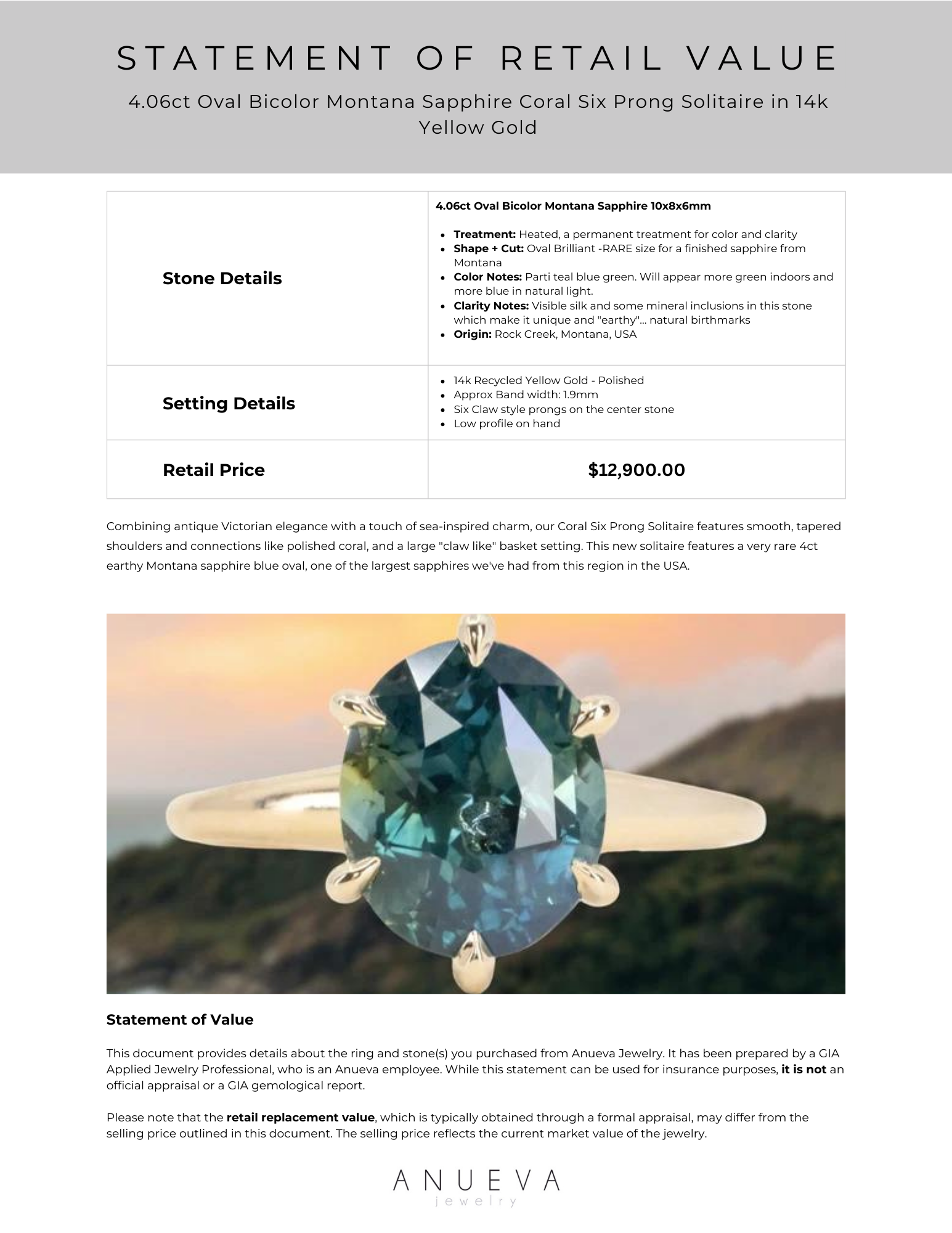 4.06ct Oval Bicolor Montana Sapphire Coral Six Prong Solitaire in 14k – Anueva Jewelry