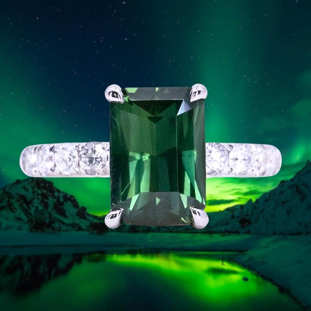 4.26ct Madagascar Radiant Cut Green Sapphire Solitaire Ring with Frenc ...