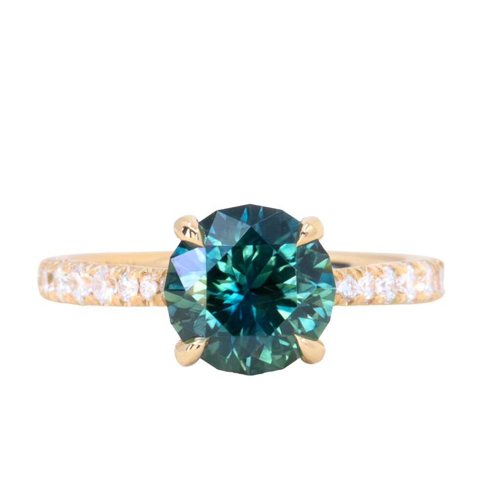 2.54ct Round Teal Sapphire Hidden Halo Solitaire with French Set Diamo – Anueva Jewelry