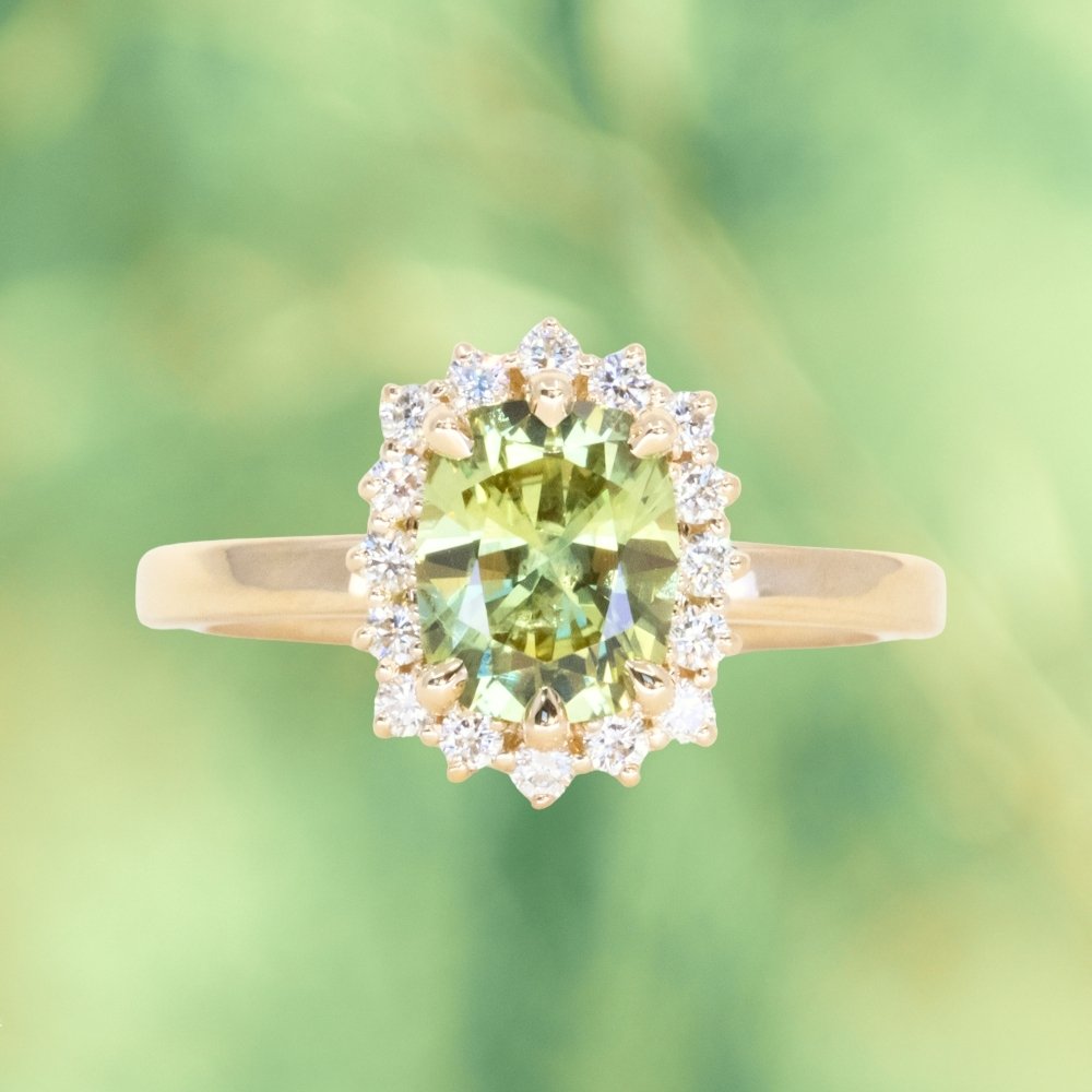 1.64ct Elongated Cushion Cut Green Montana Sapphire Antique Style Diamond Halo Ring in 14K Green Gold
