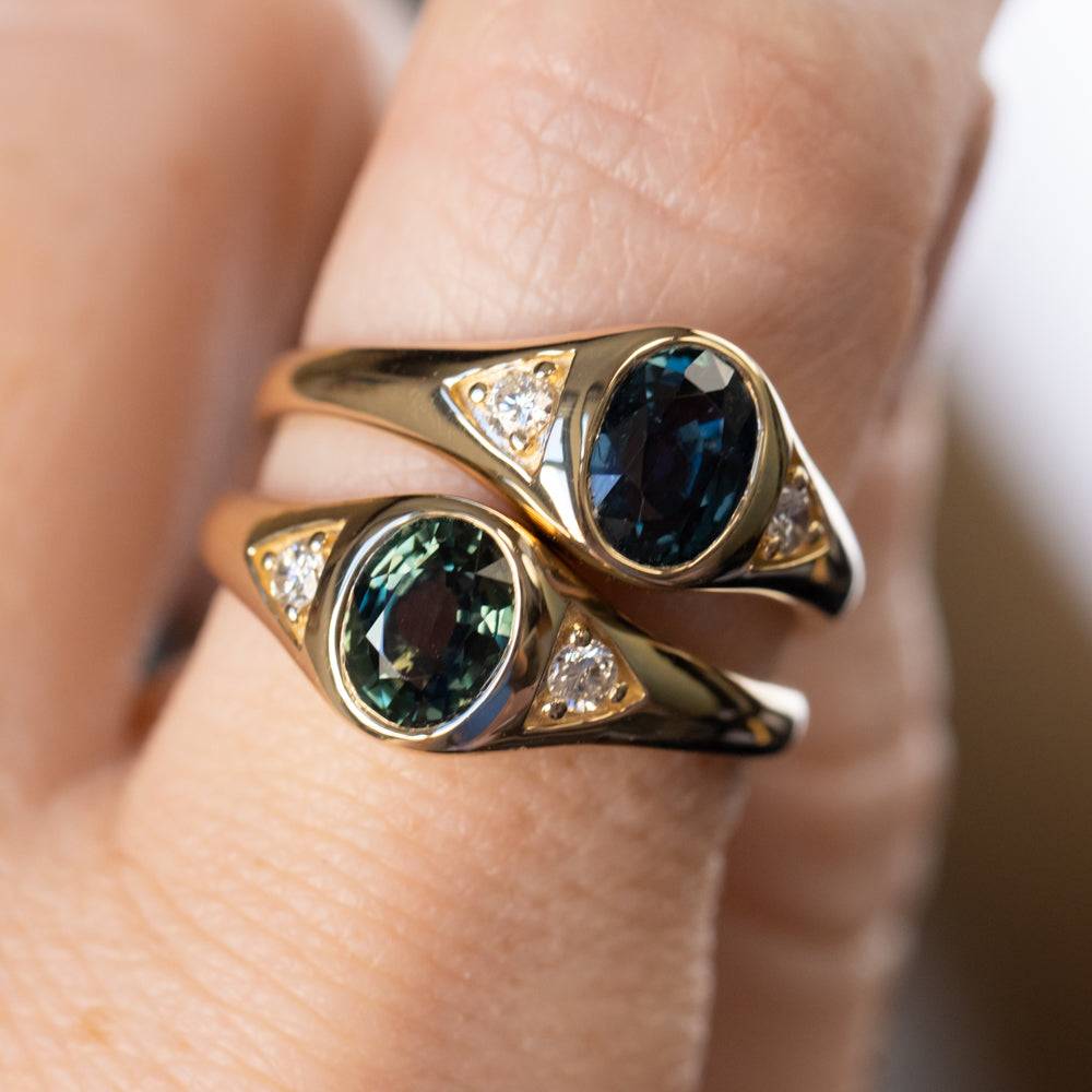 1.26ct Oval Green Untreated Montana Sapphire Signet Style Ring with Di – Anueva Jewelry