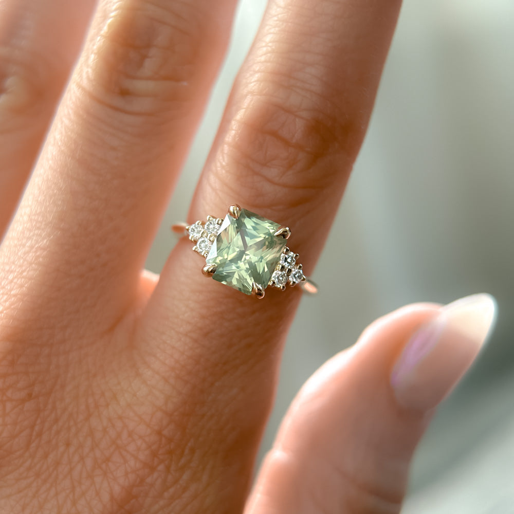 3.14ct Light Bright Green Untreated Radiant Cut Sapphire and Diamond C ...