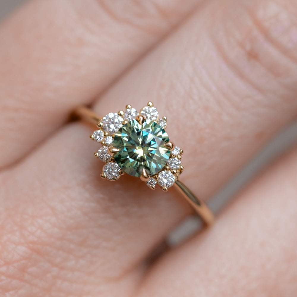 Teal Moissanite and Diamond Asymmetrical Cluster Ring in 14k Yellow Go ...