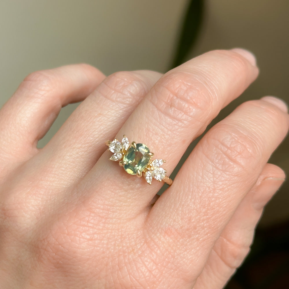 1.55ct Untreated Oval Green Sapphire and Lab Grown Marquise Diamond Cl ...