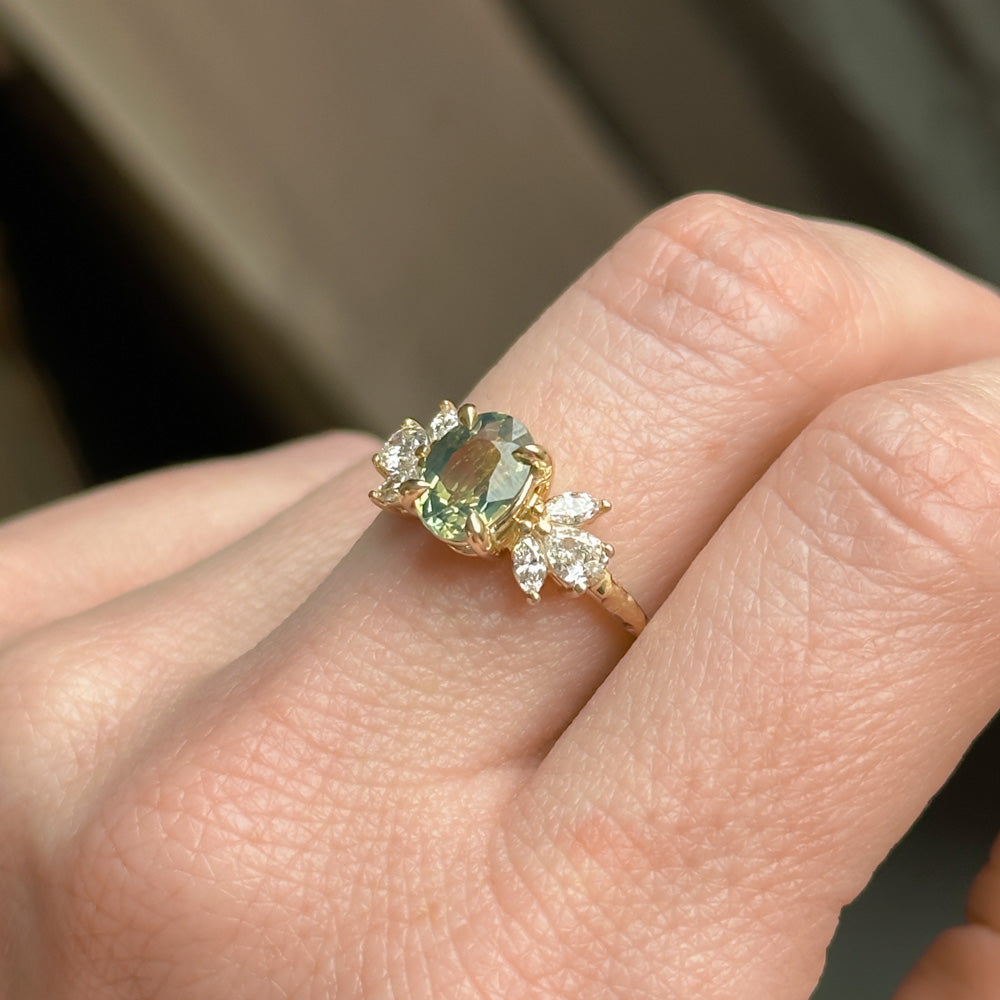 1.55ct Untreated Oval Green Sapphire and Lab Grown Marquise Diamond Cl ...