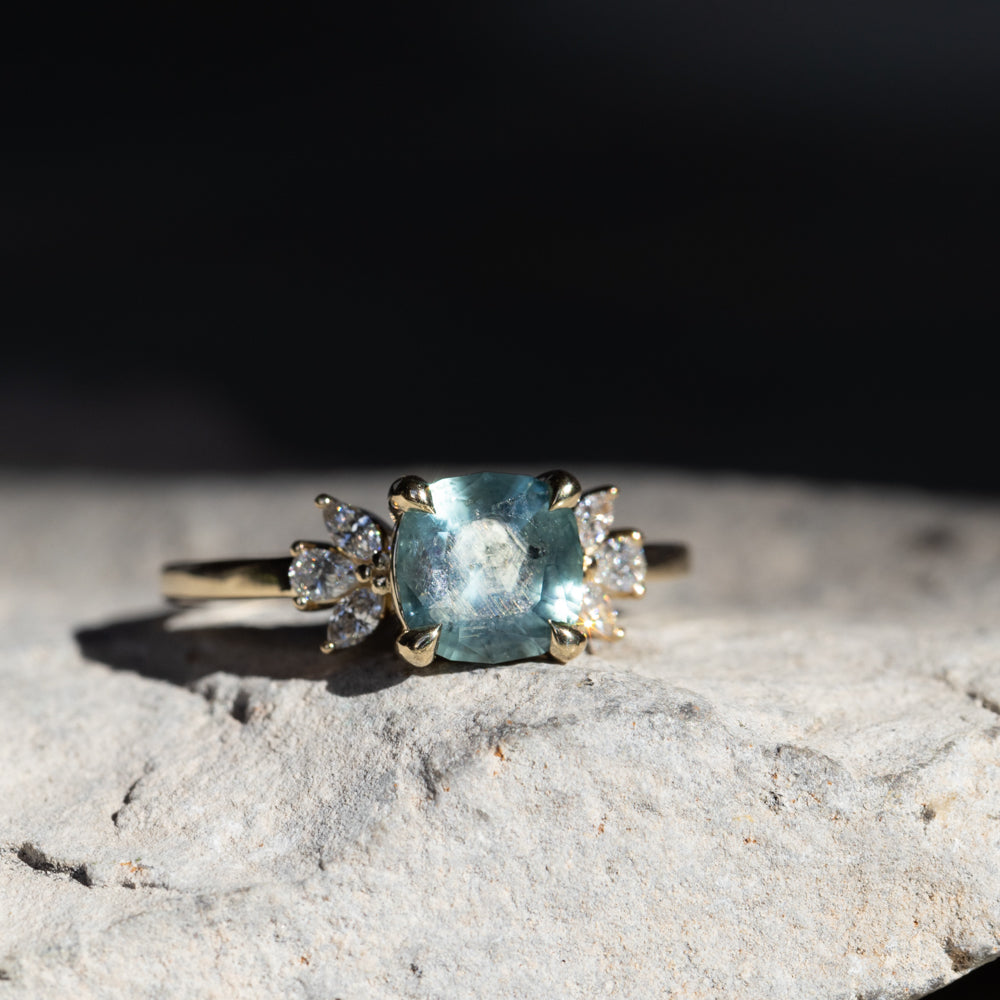 1.65ct Silky, Untreated Cushion Cut Montana Sapphire and Lab Grown Mar ...