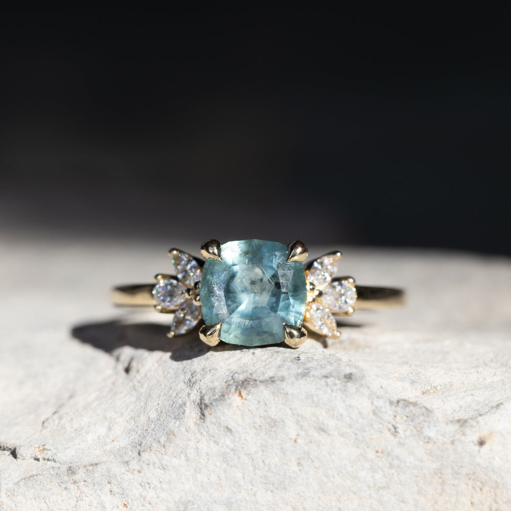 1.65ct Silky, Untreated Cushion Cut Montana Sapphire and Lab Grown Mar ...