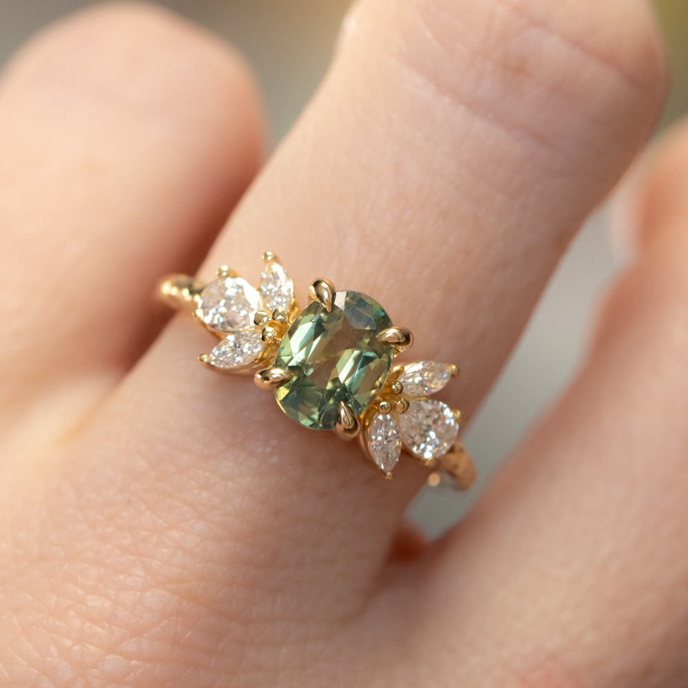 1.55ct Untreated Oval Green Sapphire and Lab Grown Marquise Diamond Cl ...