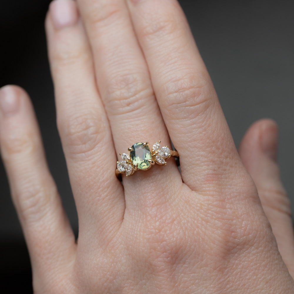 1.55ct Untreated Oval Green Sapphire and Lab Grown Marquise Diamond Cl ...