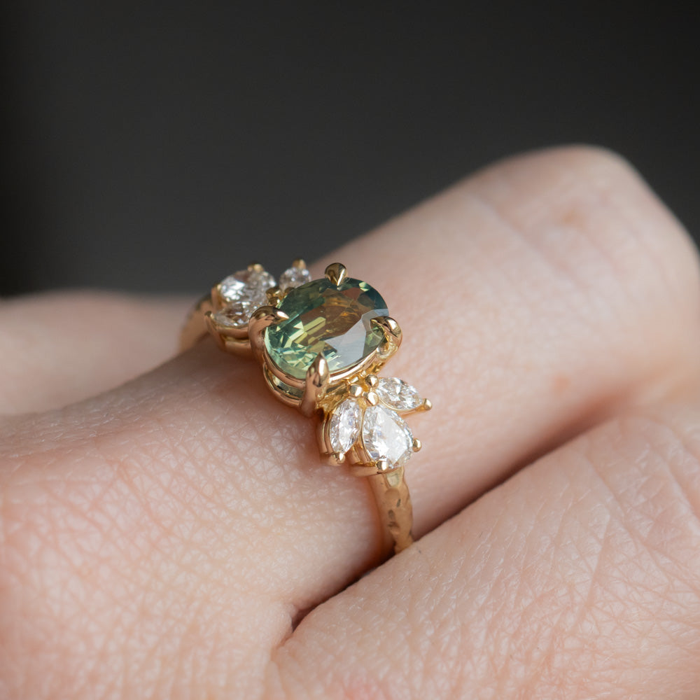 1.55ct Untreated Oval Green Sapphire and Lab Grown Marquise Diamond Cl ...