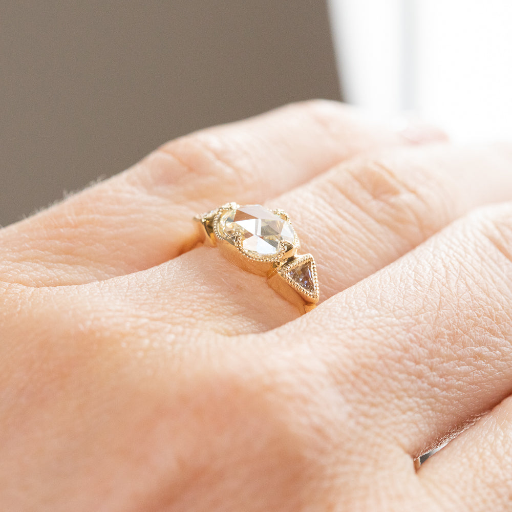 1.01ct Rosecut Three Stone Ring with Trillion Side Diamonds Compass Se – Anueva Jewelry