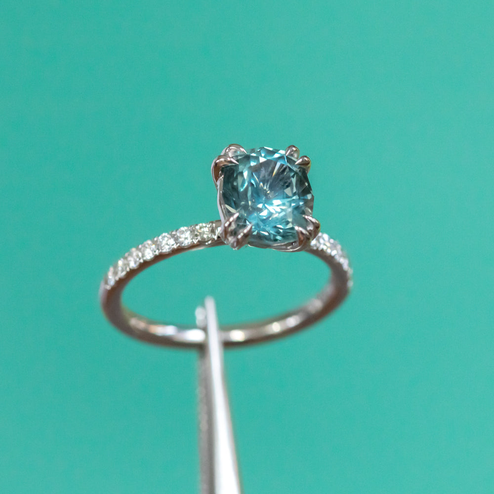 2.73ct Fancy Cushion Cut Montana Sapphire Solitaire with Diamonds in 1 – Anueva Jewelry