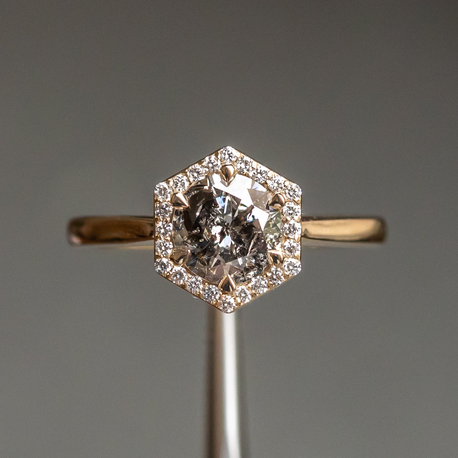 1.13ct Salt and Pepper and White Diamond Hexagon Halo Ring in 14k Yell ...
