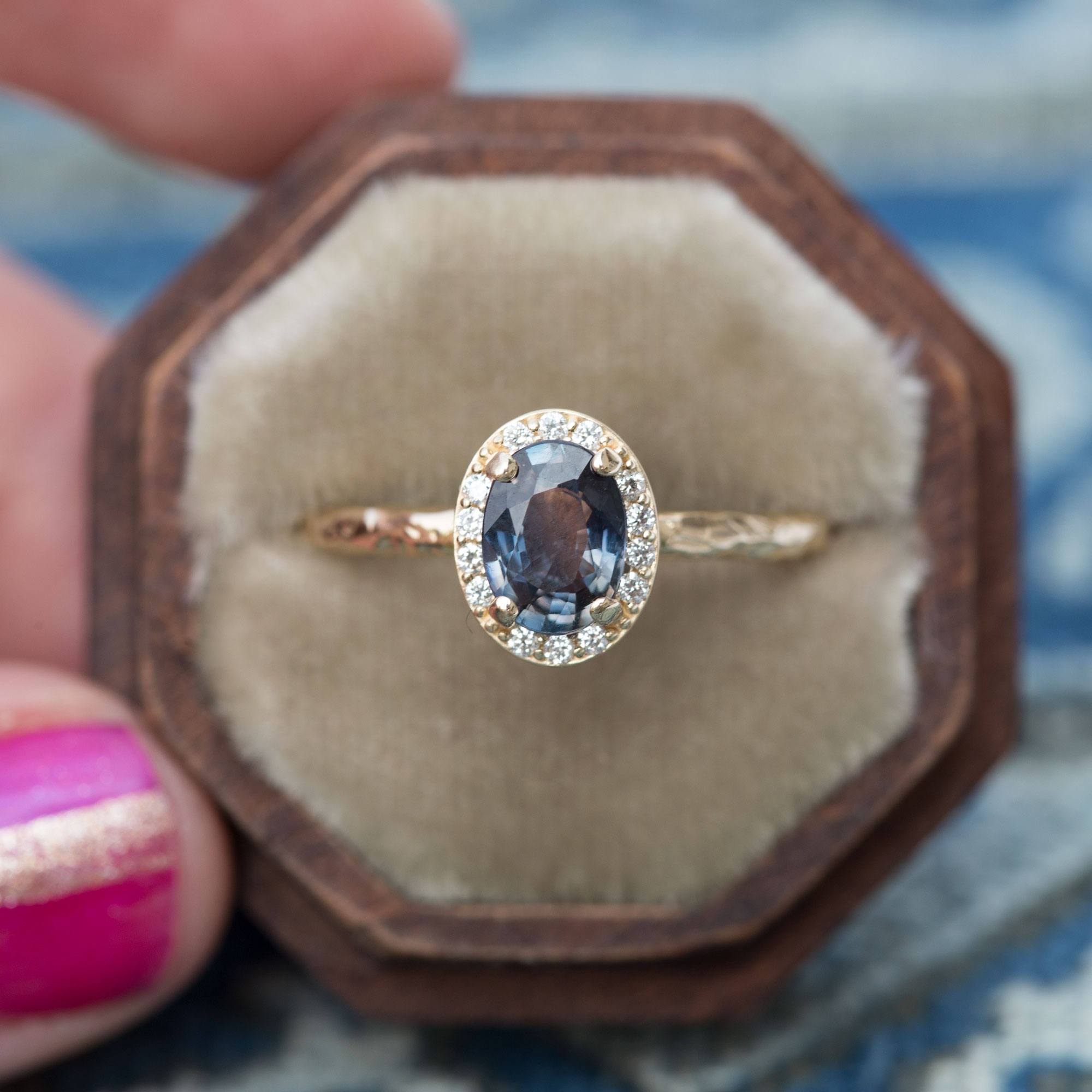 Color Changing Blue Sapphire Engagement Ring in Hand Carved Recycled Y ...